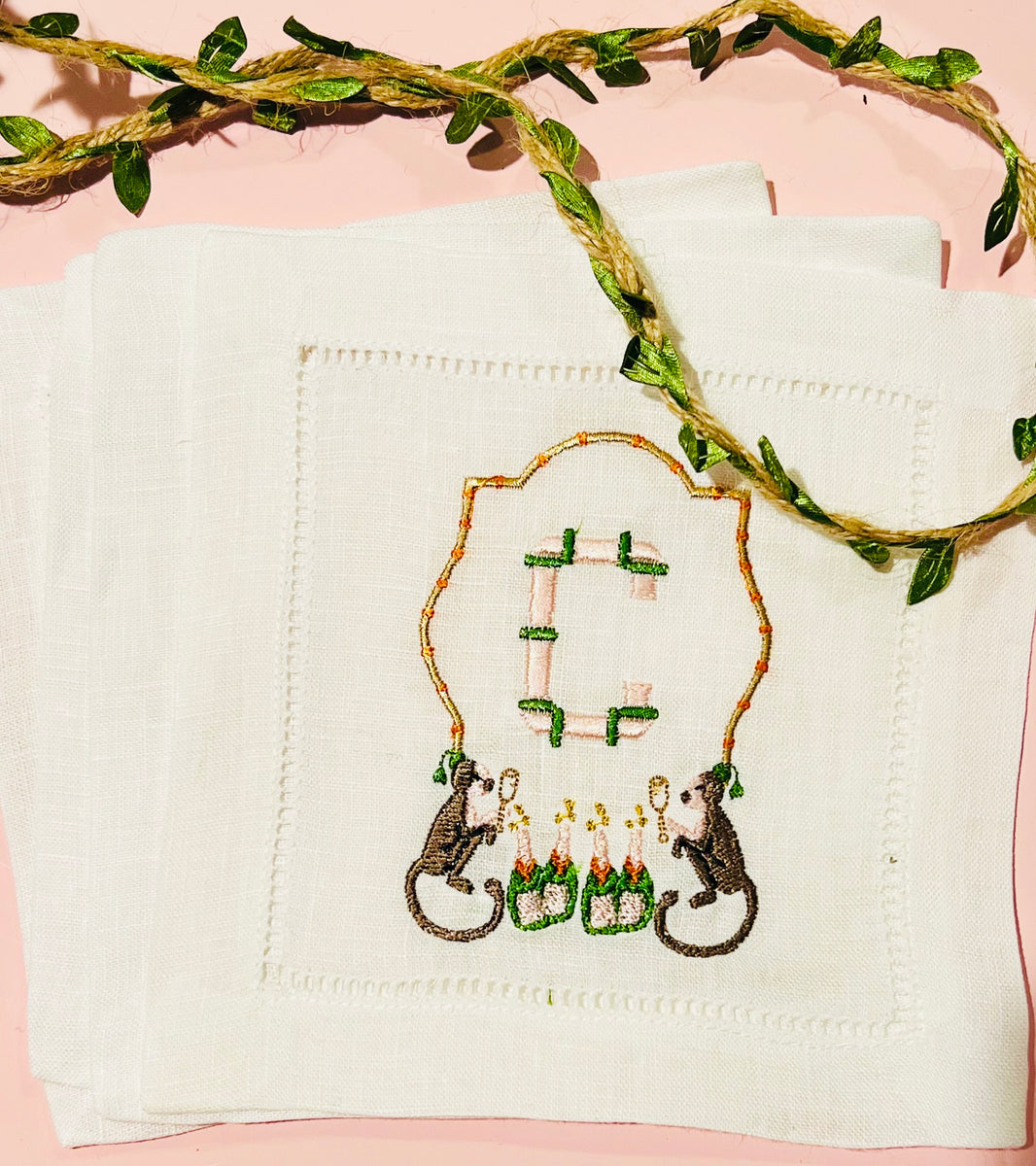 Bamboo Champagne Monkeys Embroidered Cocktail Napkins – The Pink Bar Cart