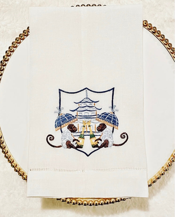 Chinoiserie Pagoda Crest Monkey Cheers Tea Towel – The Pink Bar Cart