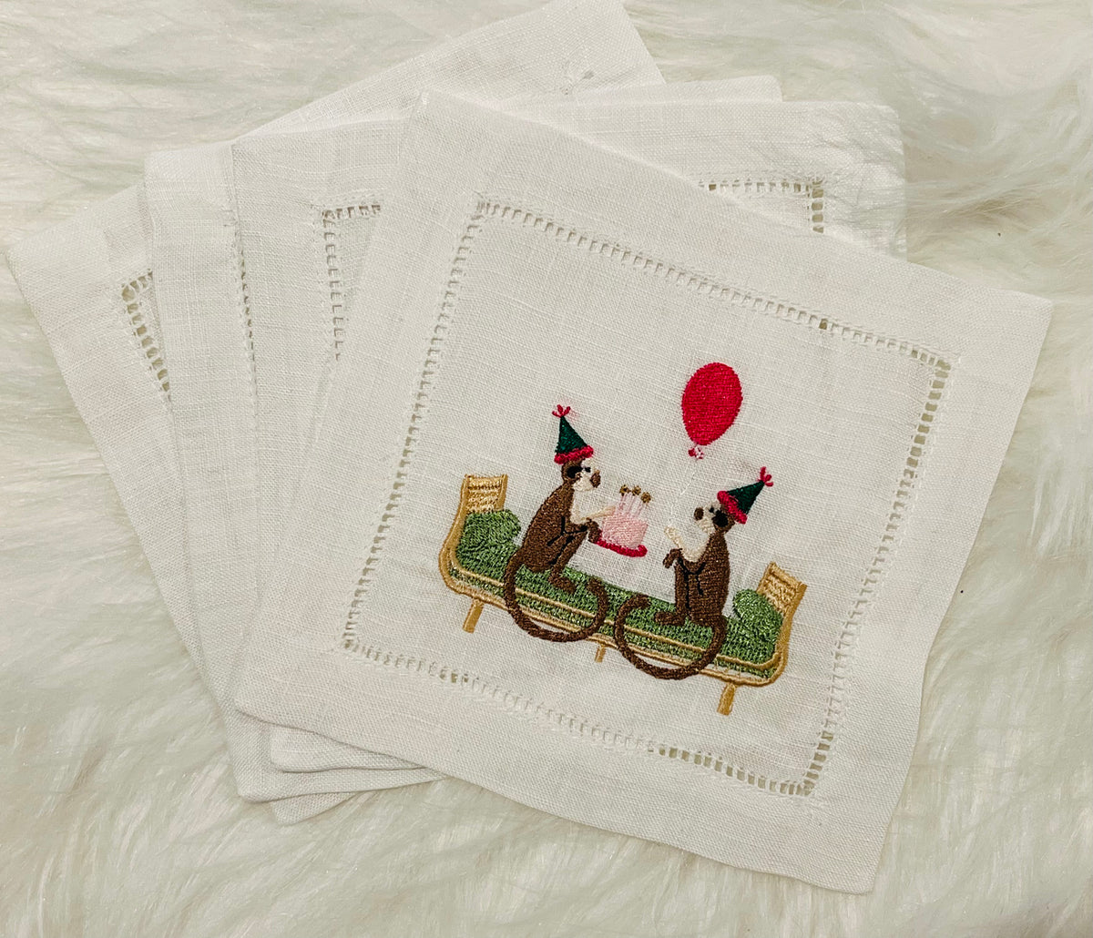 Rattan Lounge Birthday Monkeys Embroidered Cocktail Napkins – The Pink ...