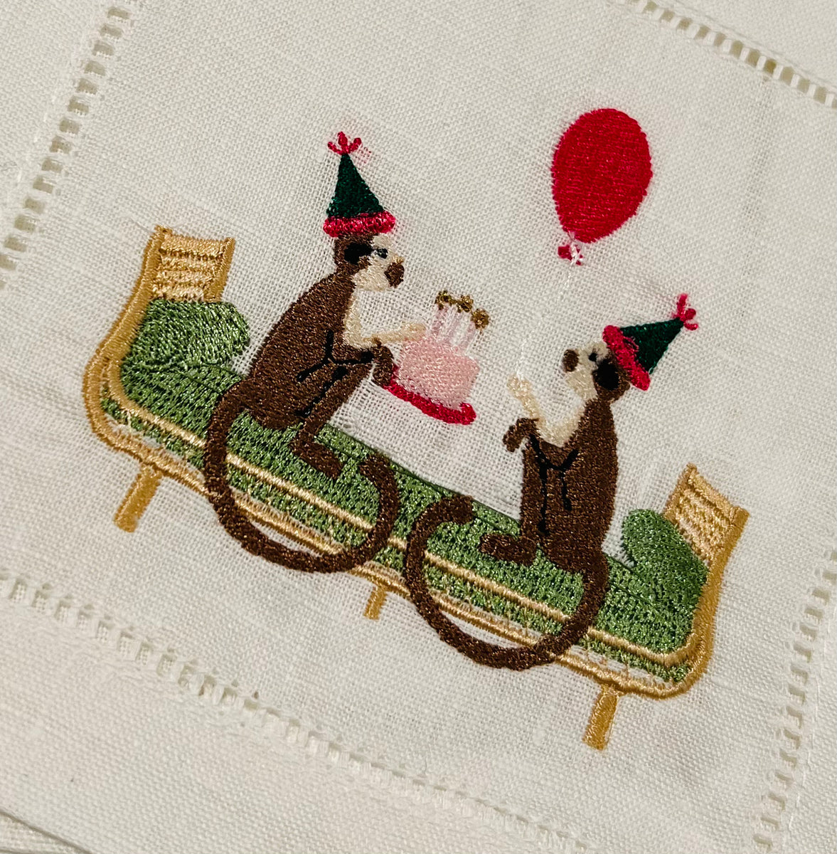 Rattan Lounge Birthday Monkeys Embroidered Cocktail Napkins – The Pink ...